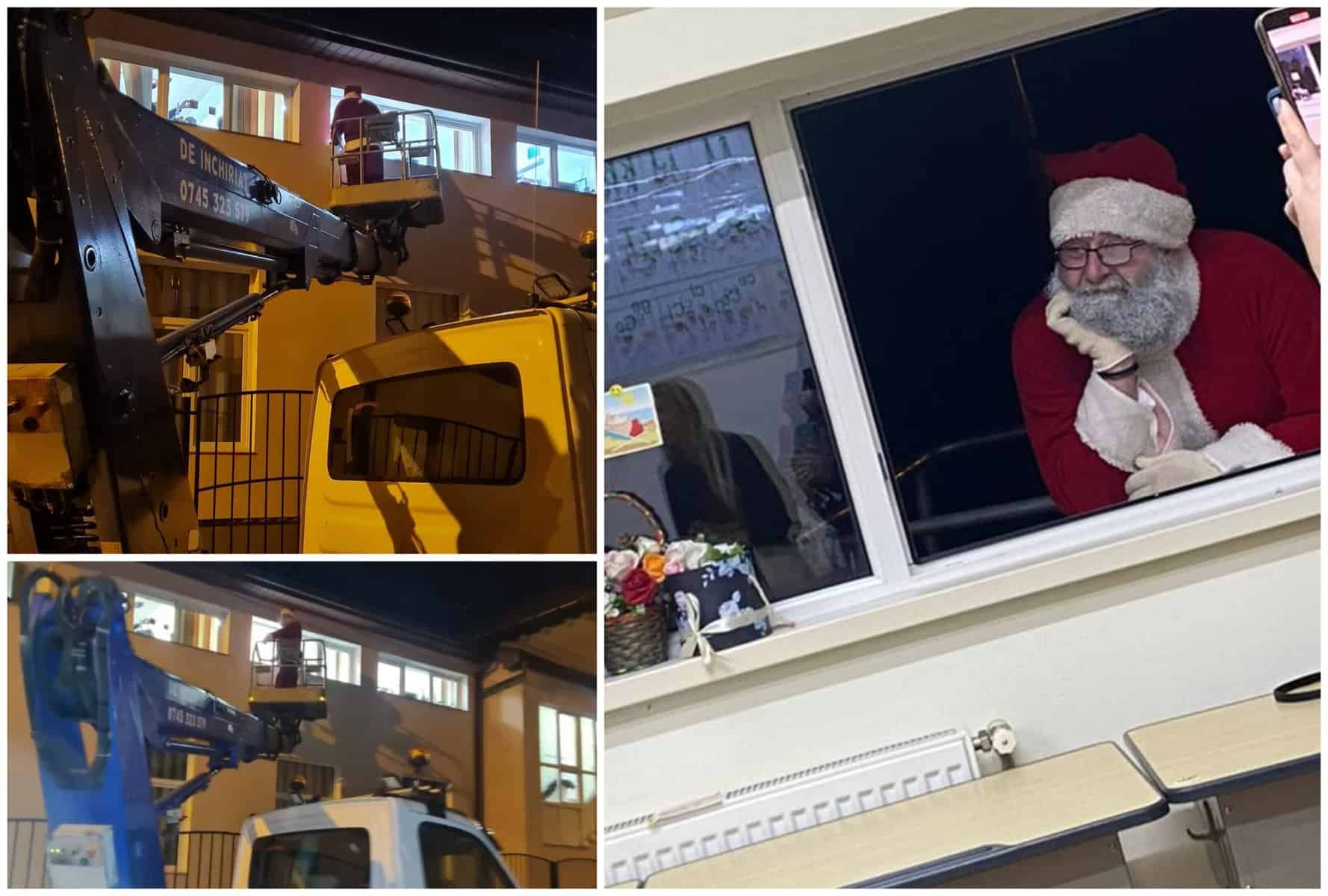 VIDEO: Moș Crăciun a venit pe geam, cu macaraua. Supriză de proporții ...