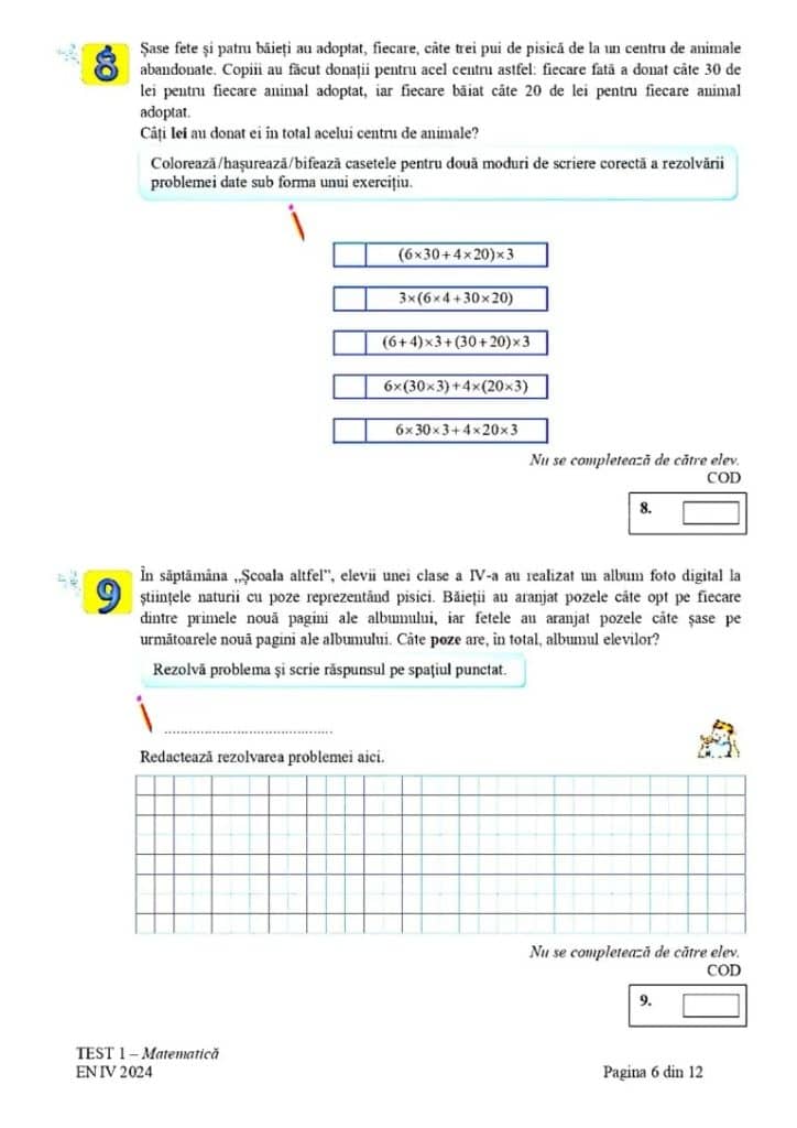 Evaluare Națională 2024 clasa a IV-a. Subiectele la Matematică ...