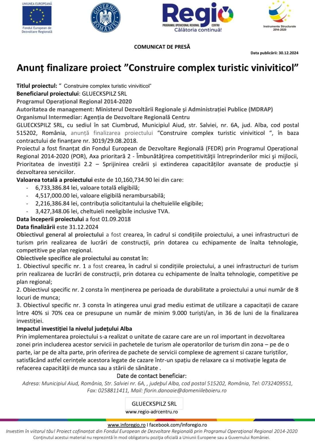 Anunț finalizare proiect ”Construire complex turistic viniviticol” - Alba24
