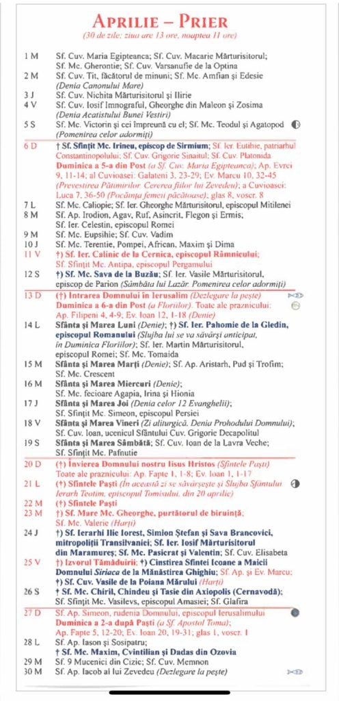 CALENDAR ORTODOX, APRILIE 2025. Toate sărbătorile din luna PRIER ...