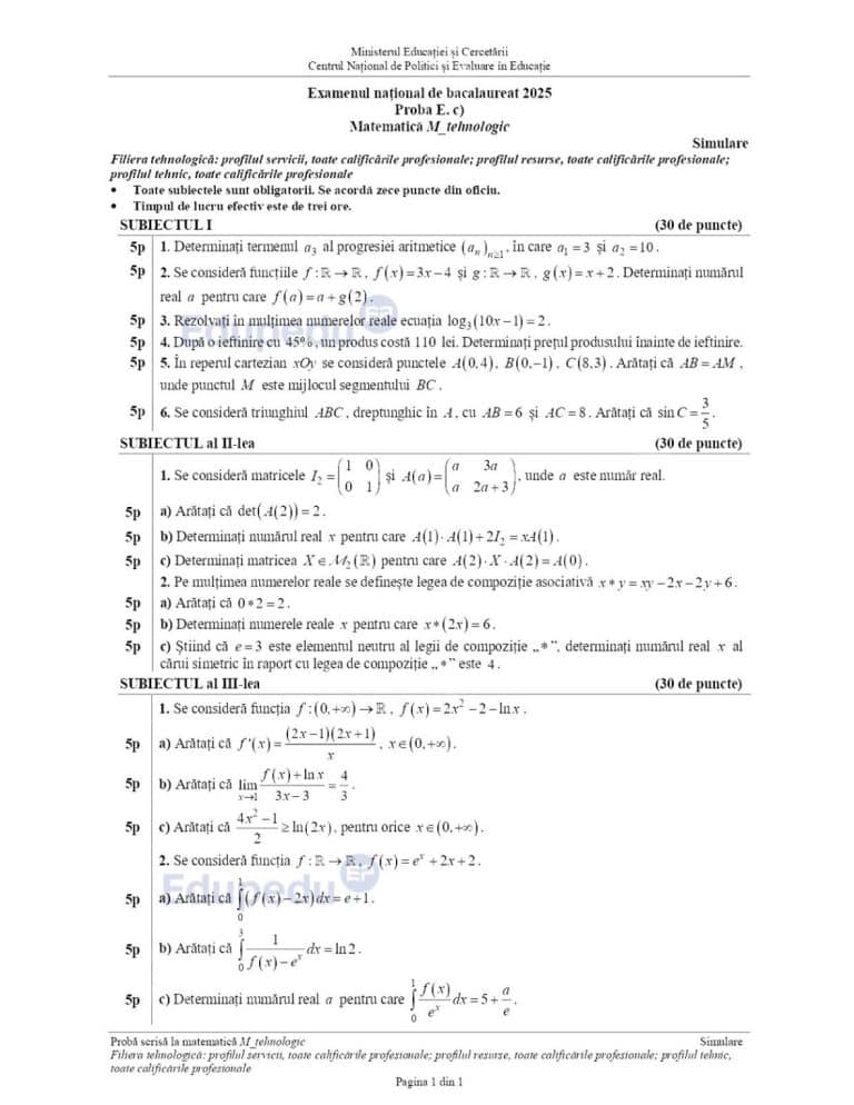 Simulare Bacalaureat 2025: Subiectele la Matematică, proba obligatorie a profilului. Ce au avut ...