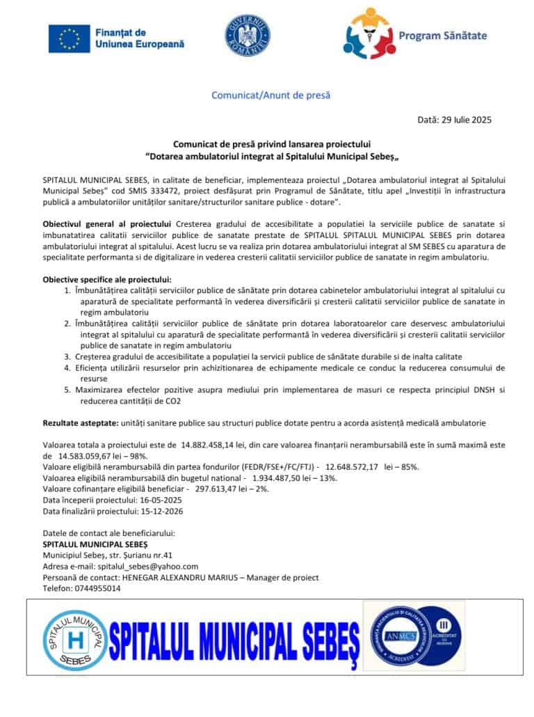 comunicat lansare proiect spitalul municipal sebes